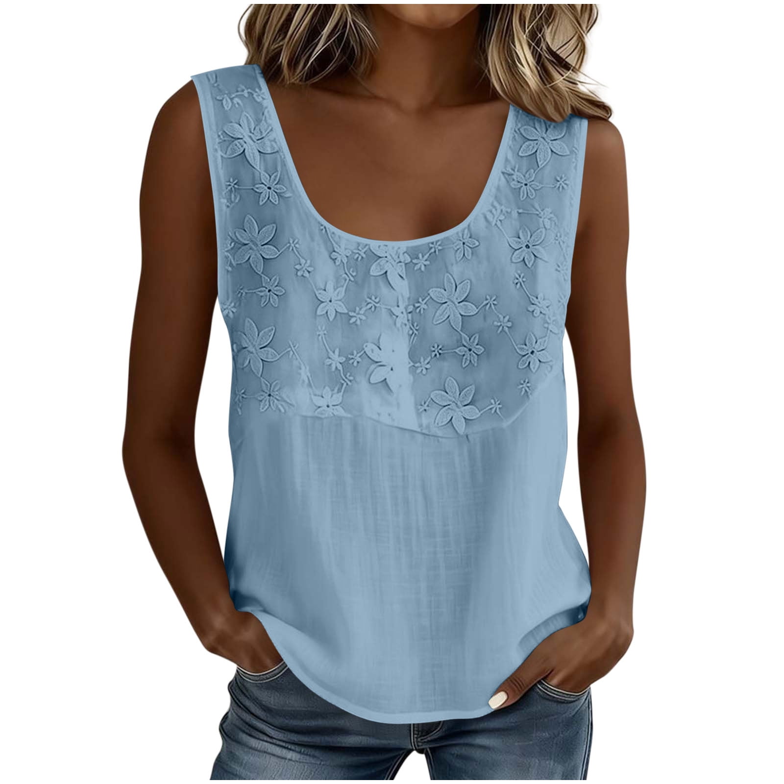 Aezemi Womens Faux Cotton Linen Tank Tops, U Neck Embroidered ...