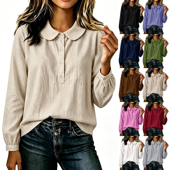 Aezemi Womens Round Collar Shirts Long Sleeve Button Front Ruched Cute ...