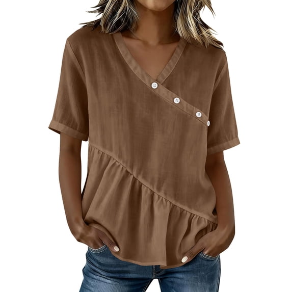 Aezemi Womens Ruffle Button Tops, Casual V Neck Short Sleeve ...
