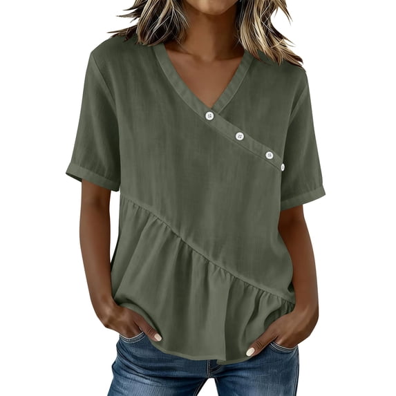 Aezemi Womens Ruffle Button Tops, Casual V Neck Short Sleeve ...