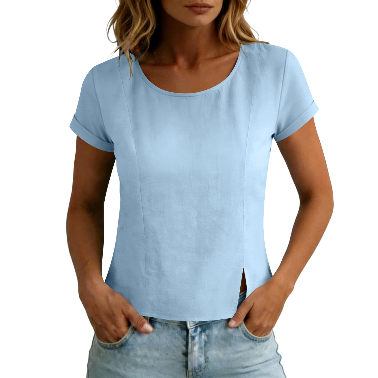 Aezemi Womens Split Hem Shirts Round Neck Fitted Rolled Short Sleeve ...