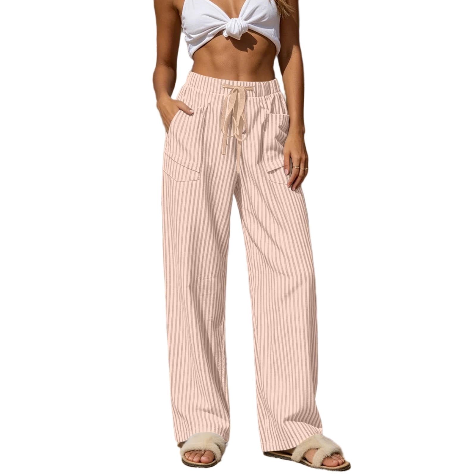 Aezemi Womens Striped Print Pants, Drawstring Elastic Waist Lightweight ...