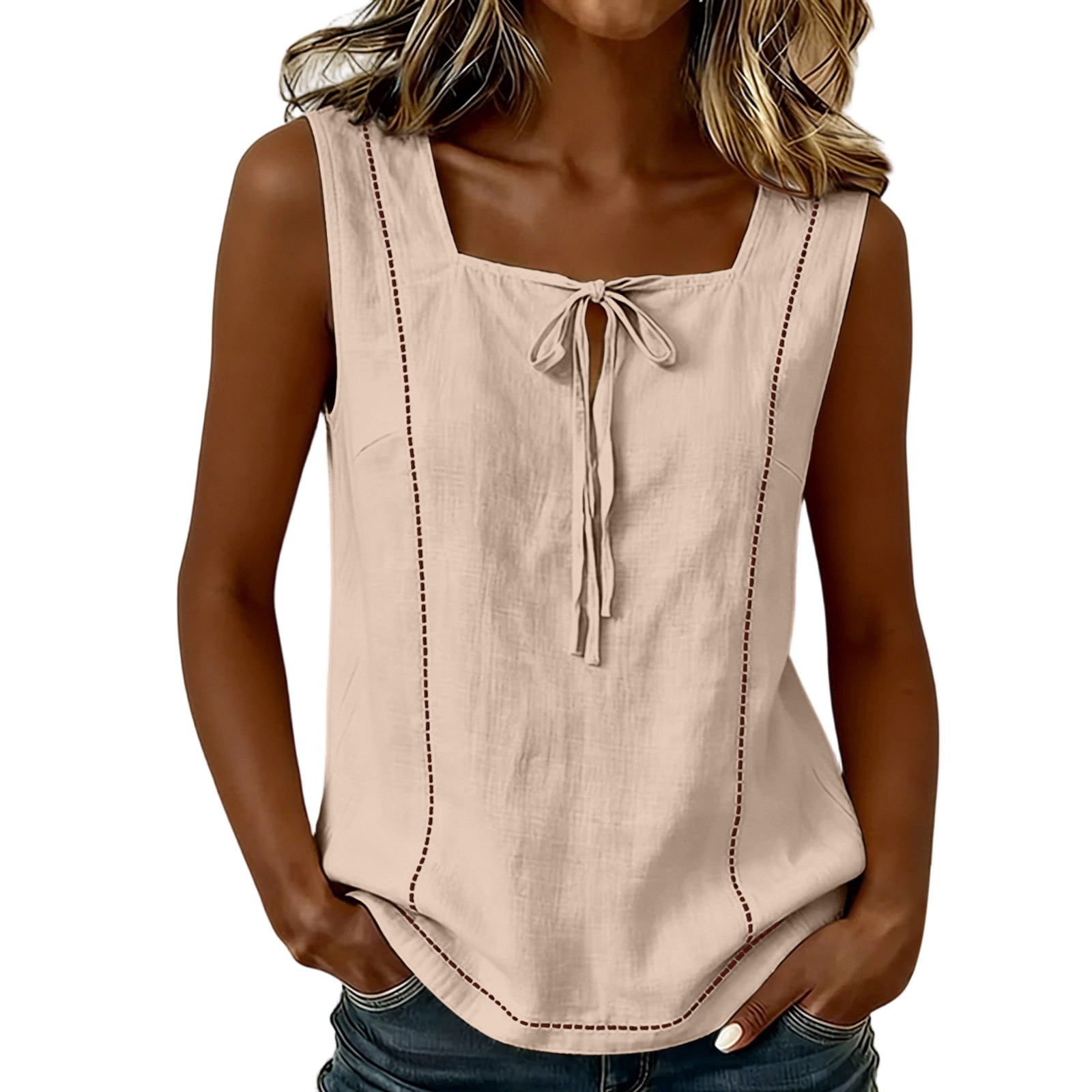 Aezemi Womens Tie Front Beach Tops, Square Neck Sleeveless Lightweight ...