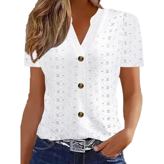 Aezemi Womens V Neck Button Front Tops, Breathable Eyelet Short Sleeve ...