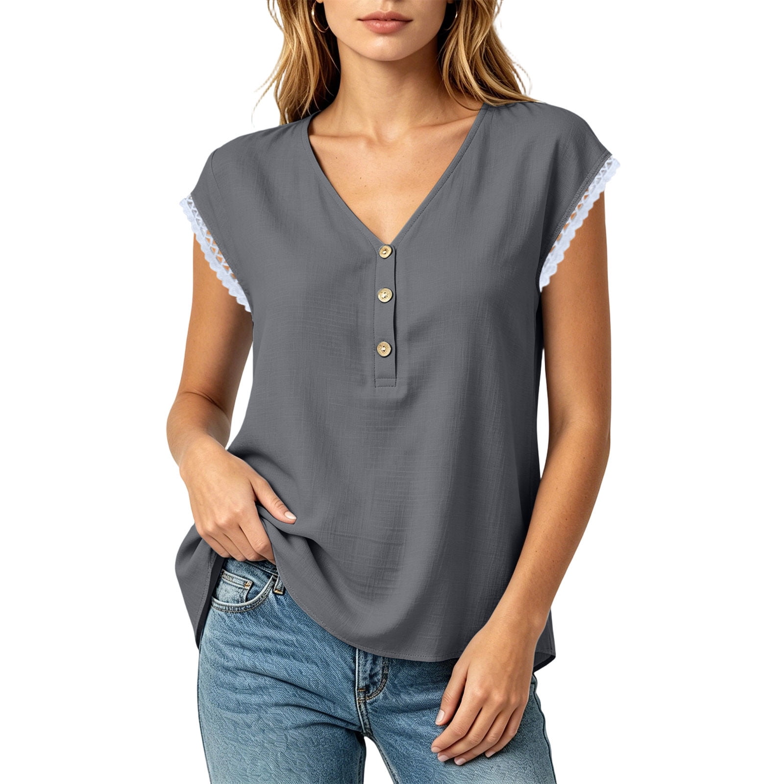Aezemi Womens V Neck Button down Shirts Lace Cap Sleeve Lightweight ...