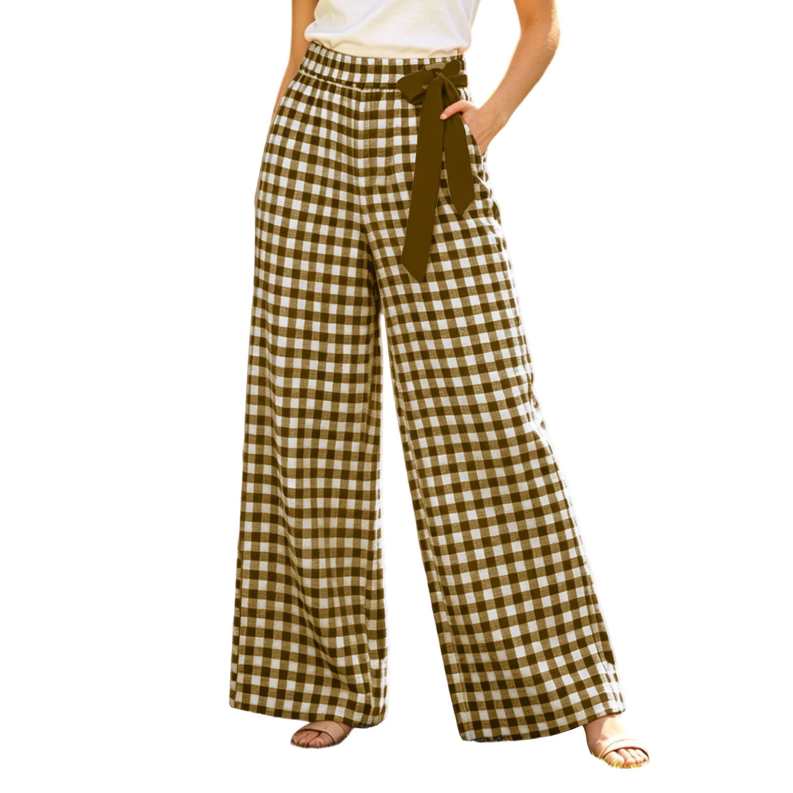 Aezemi Womens Wide Leg Plaid Pants Palazzo Tie Bow Elastic Waist ...
