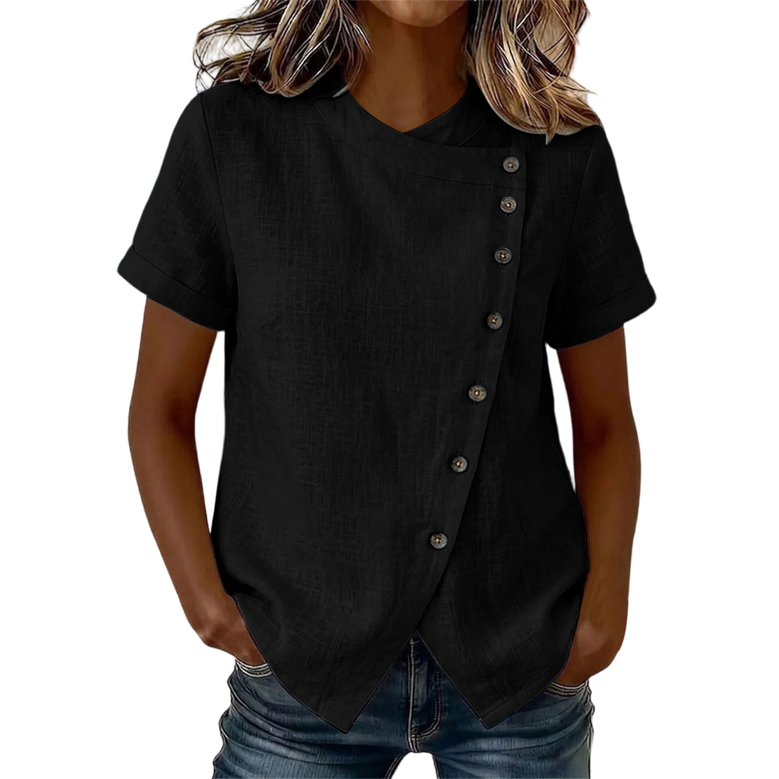 Aezemi Womens Wrap Front Shirts Loose Fit Button down Asymmetrical Hem ...