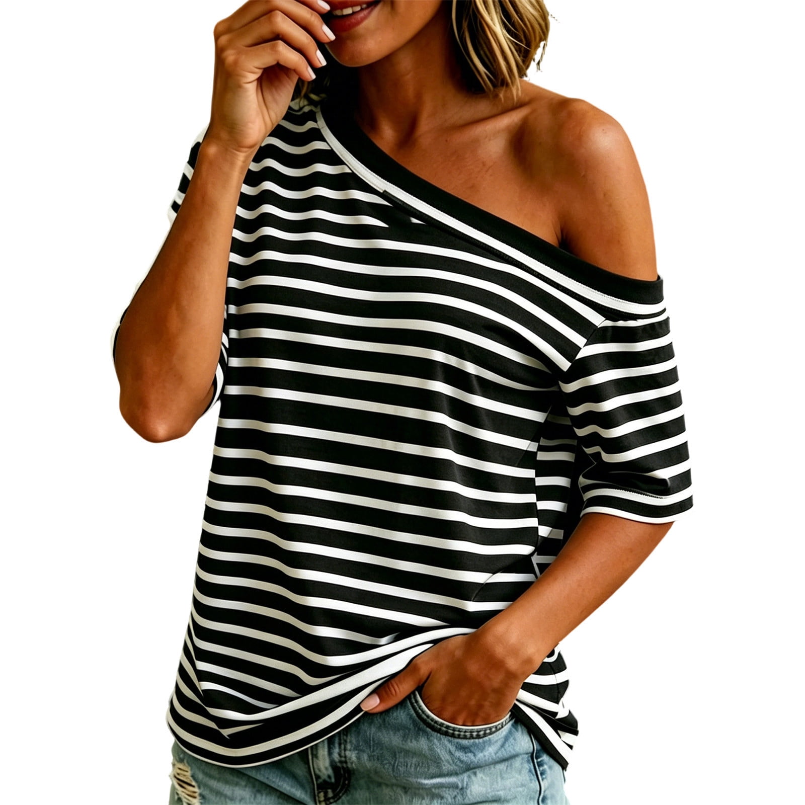 Aezemi Womens off the Shoulder Tops Striped Printed Short Sleeve Soft ...