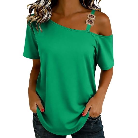 Aezemi Womens off the Shoulder Tops Tunic Flowy Thin Strap Short Sleeve ...