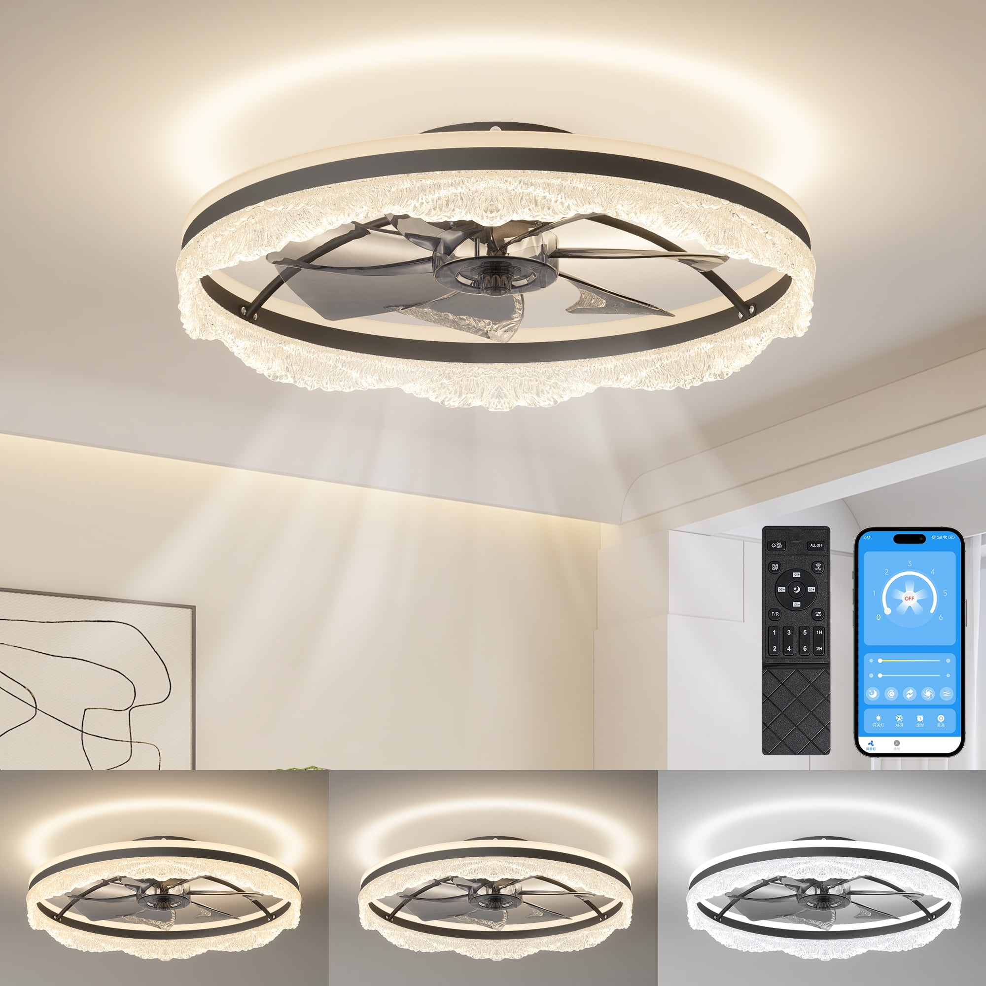 Aezusy Modern 24" Ceiling Fan with Light, Luxury Crystal Dimmable LED ...
