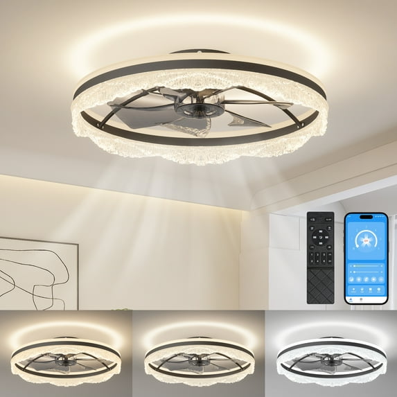Aezusy Modern 24" Ceiling Fan with Light, Luxury Crystal Dimmable LED ...