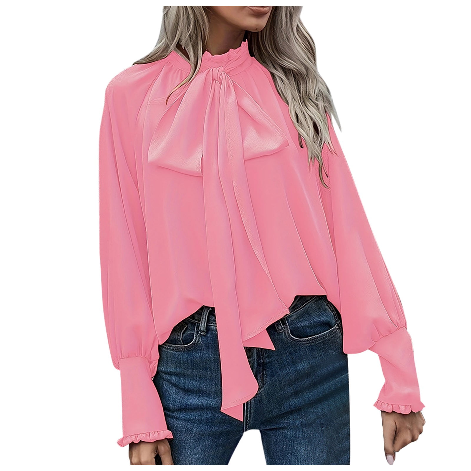 Afdoent Blouses For Women Elegant Tie Knot Neck Work Blouse Loose Fit ...