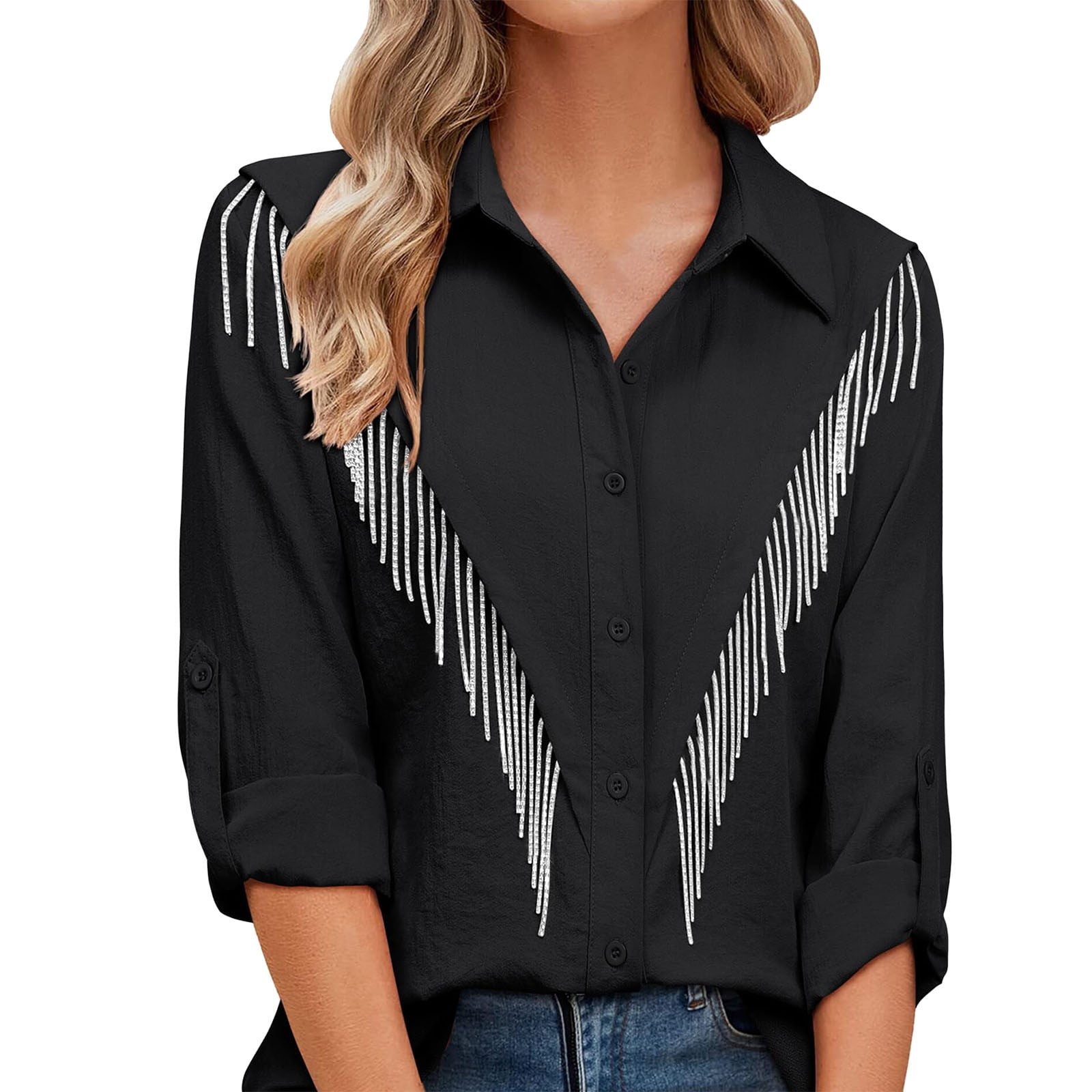 Afdoent Blouses For Women Rhinestone Fringe Button Down Shirt Rolled 3/ ...