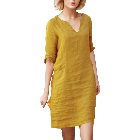 Afdoent Dresses For Women And Linen Small V Neck Splicing Retro Solid ...