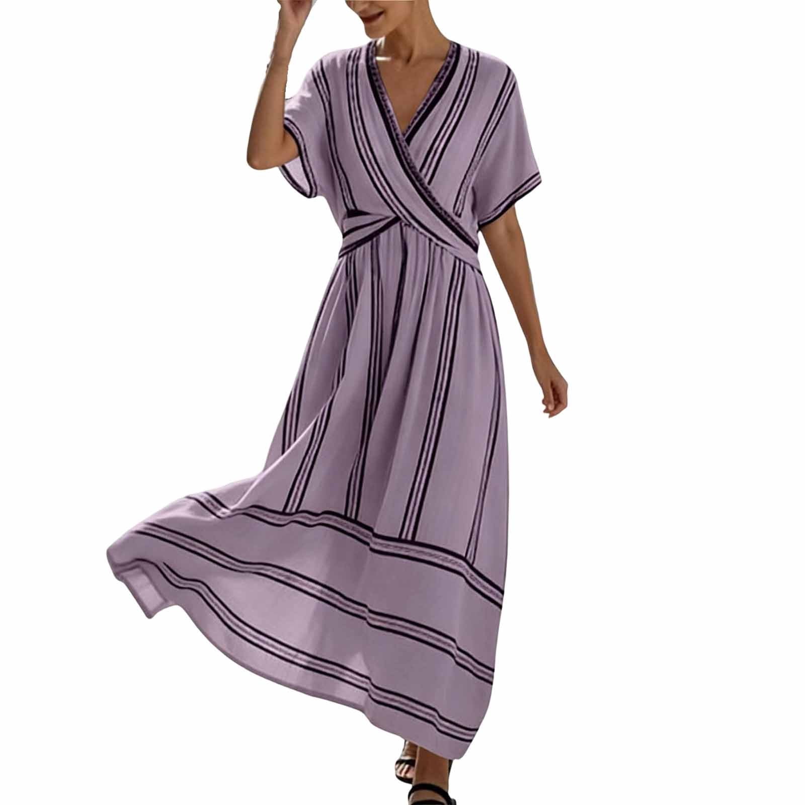 Afdoent Dresses For Women Casual V Neck Short Sleeve Swing Dress With ...