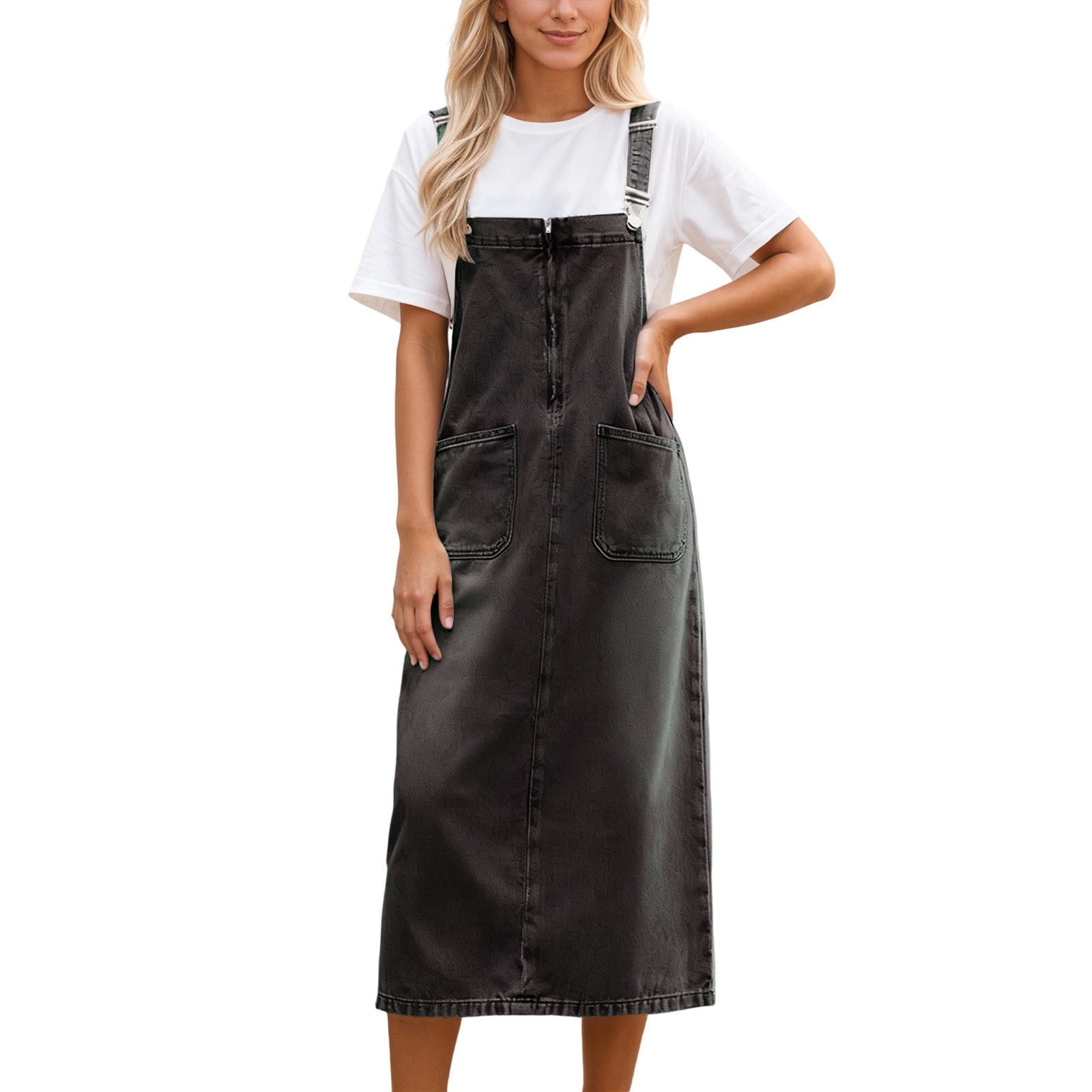 Afdoent Dresses For Women Casual Denim Pinafore Dress Mid Length ...