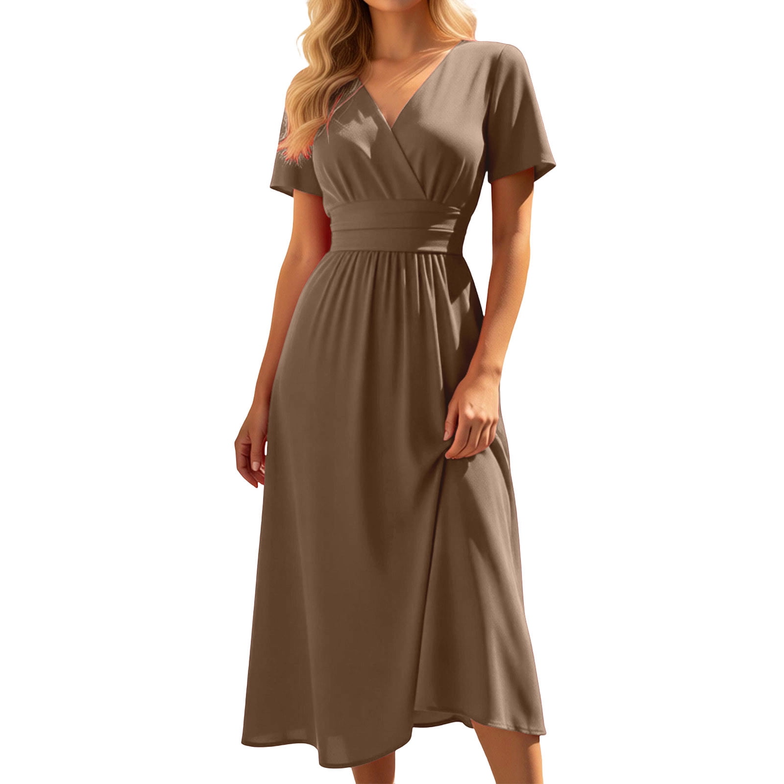 Afdoent Dresses For Women Casual Short Sleeve Crew Neck Solid Color ...