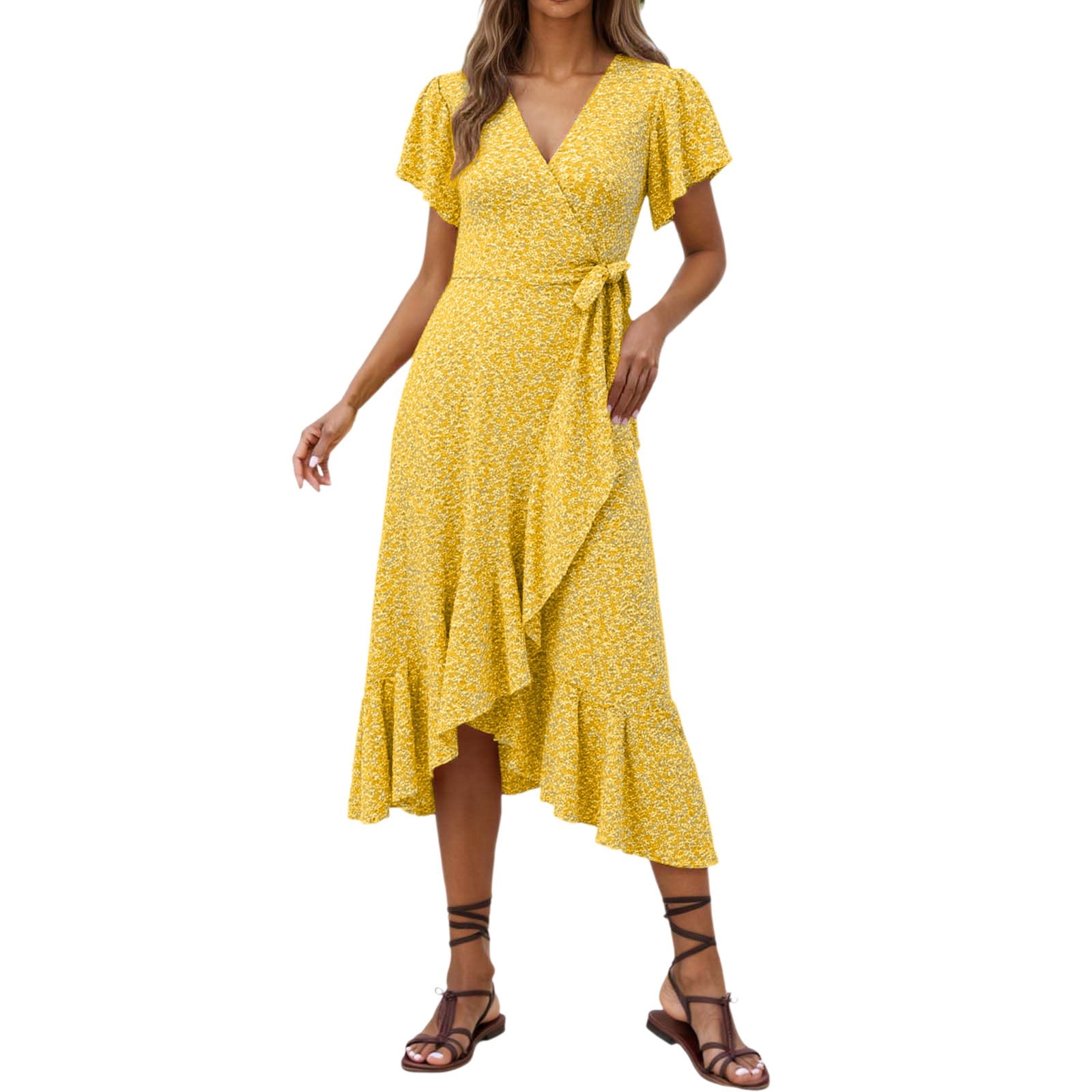 Afdoent Dresses For Women Floral Summer Dress V Neck High Waist Casual ...