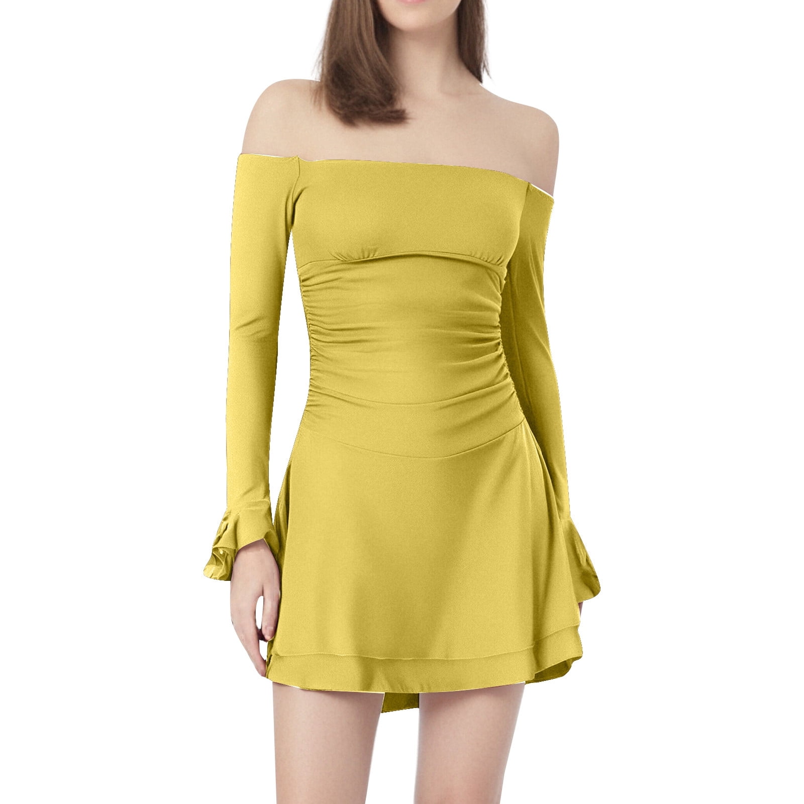 Afdoent Dresses for Women Female Off Shoulder Ruched Mini Dress Sexy ...