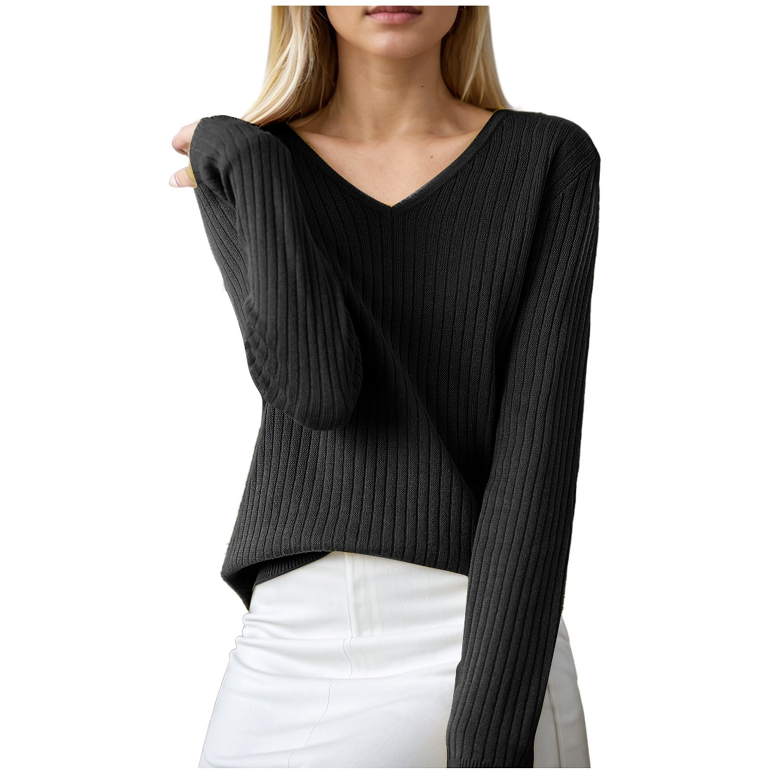 Afdoent Fall Sweater For Women V Neck Tops 2024 Ribbed Knit Pullover ...