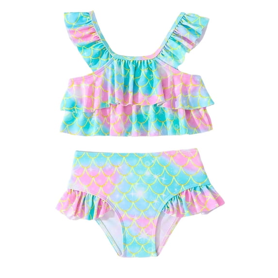 Afdoent Girl Swimsuit Girls' Two Piece Swimsuit With Double Ruffled ...