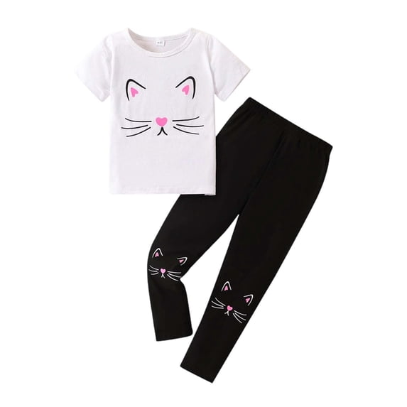 Afdoent Girls 2 Piece Outfits Cat Pattern Short Sleeved Top and Pants ...