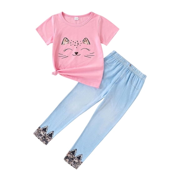 Afdoent Girls 2 Piece Outfits Cat Pattern Short Sleeved Top and Pants ...