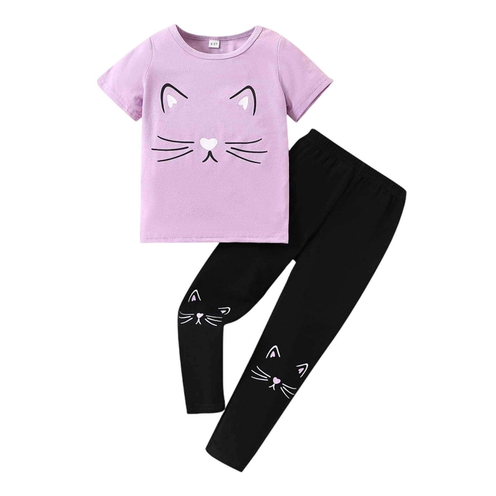 Afdoent Girls 2 Piece Outfits Cat Pattern Short Sleeved Top and Pants ...