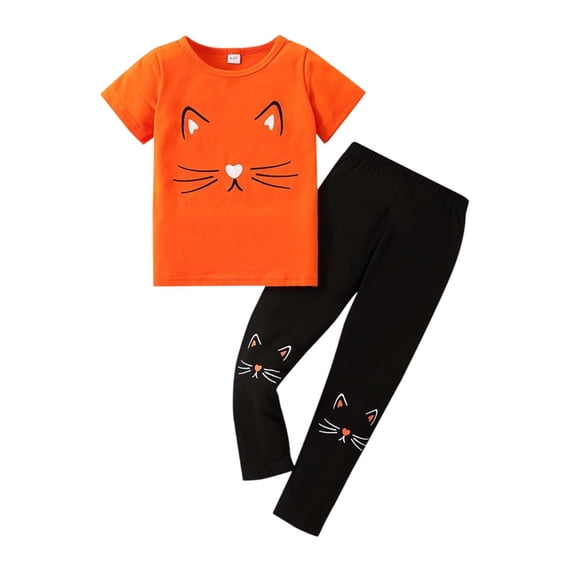 Afdoent Girls 2 Piece Outfits Cat Pattern Short Sleeved Top and Pants ...