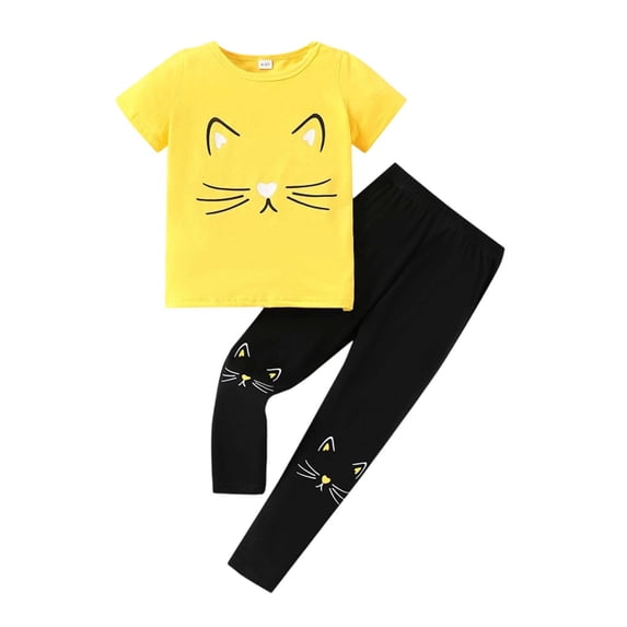 Afdoent Girls 2 Piece Outfits Cat Pattern Short Sleeved Top and Pants ...