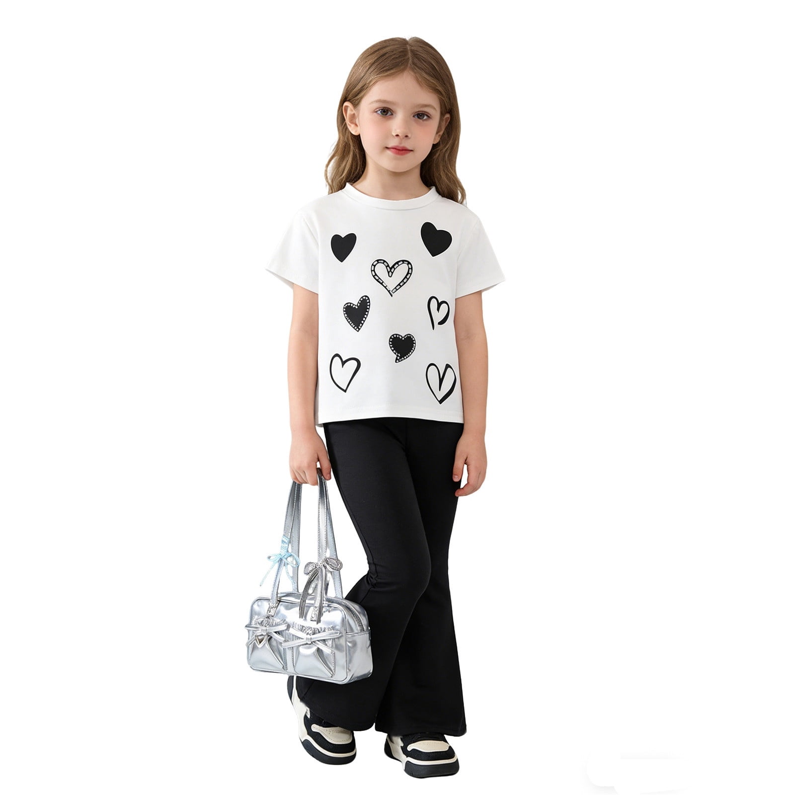 Afdoent Girls 2 Piece Outfits Sparkling Outfit Heart Print Rhinestone T ...