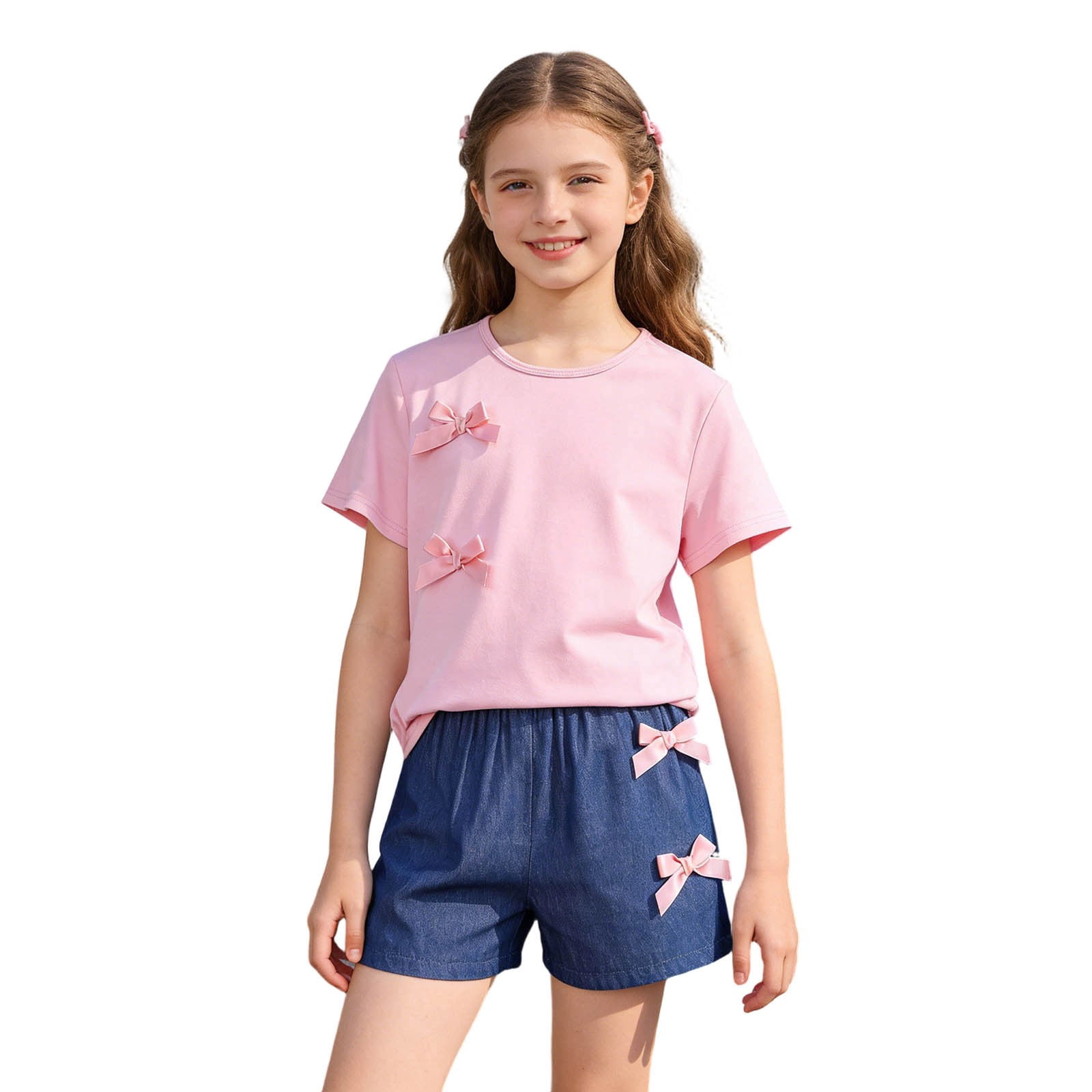 Afdoent Girls 2 Piece Outfits Summer Casual Outfit Bow Short Sleeve Top ...