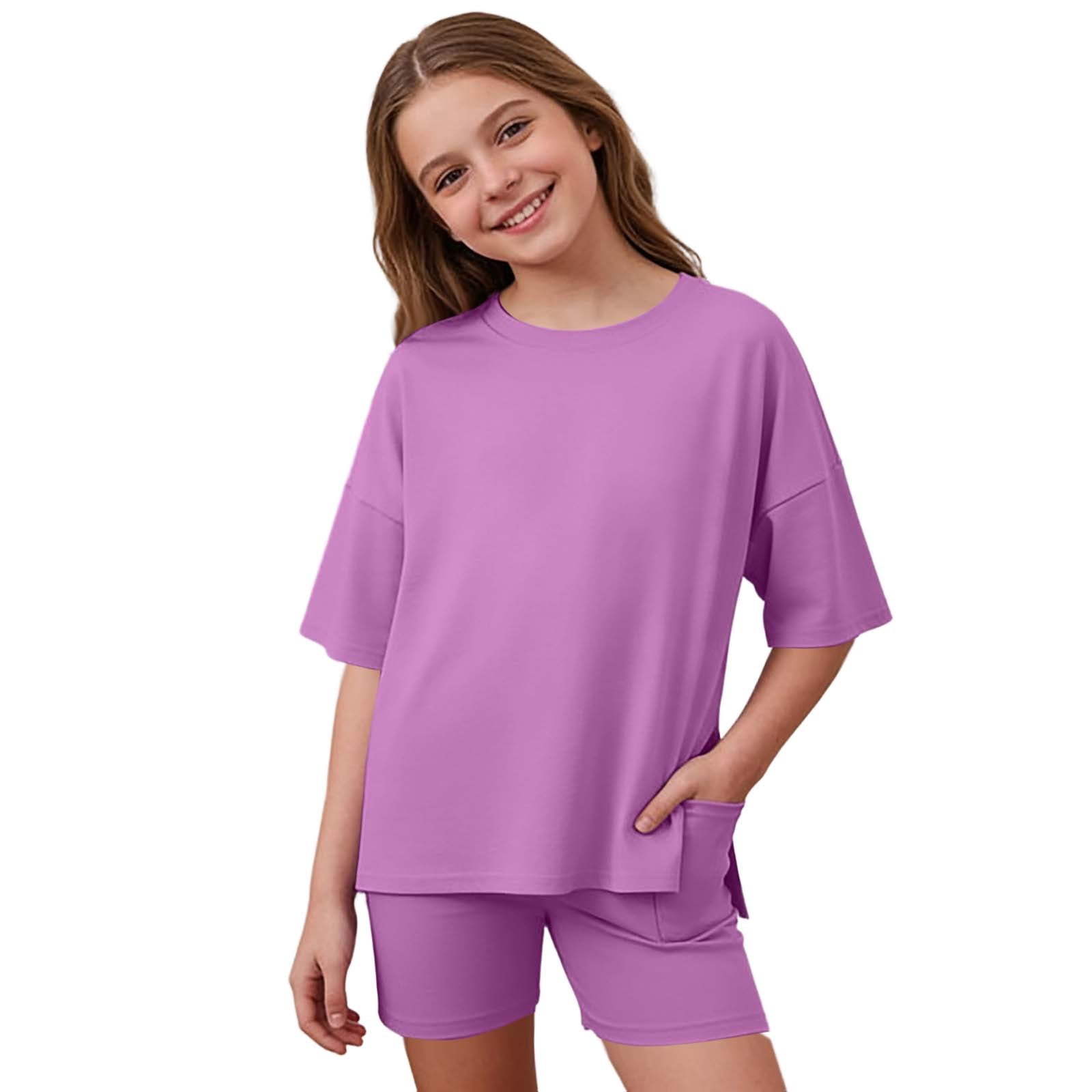 Afdoent Girls 2 Piece Outfits Summer Casual Two Piece Loose Side ...
