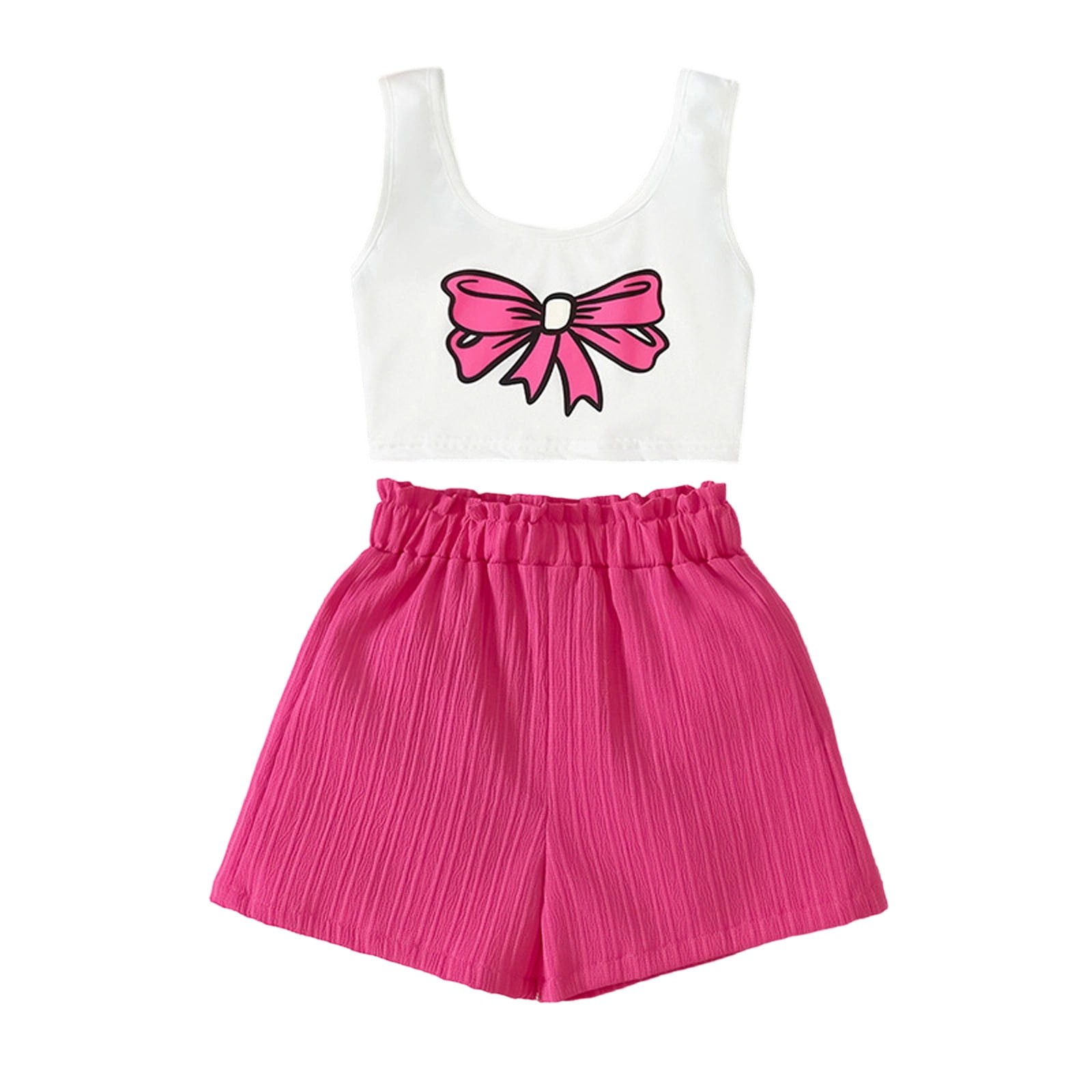 Afdoent Girls 2 Piece Outfits Summer Cute BOW Sleeveless Top And Shorts ...