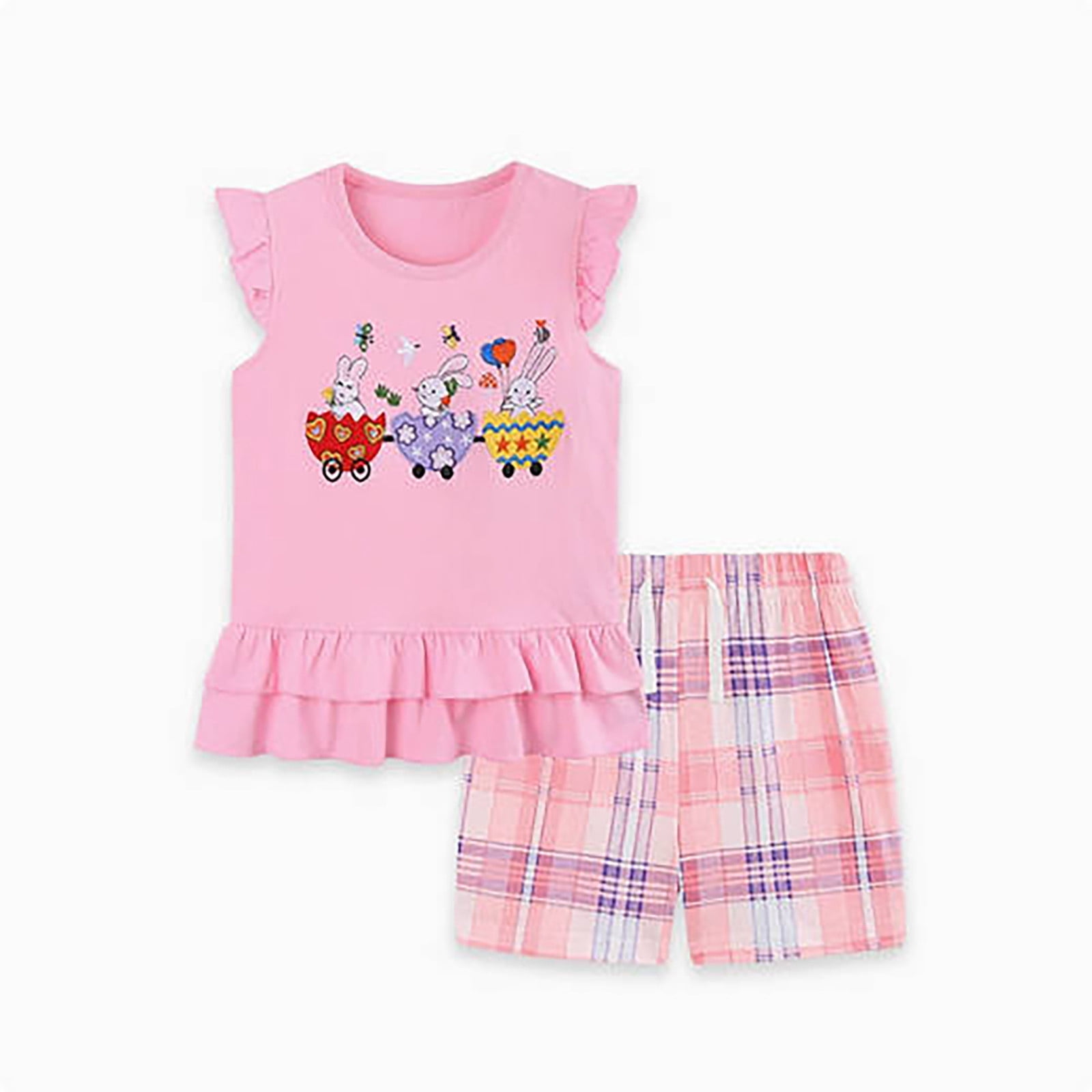 Afdoent Girls 2 Piece Outfits Summer Cute Bunny Embroidery Short Sleeve ...