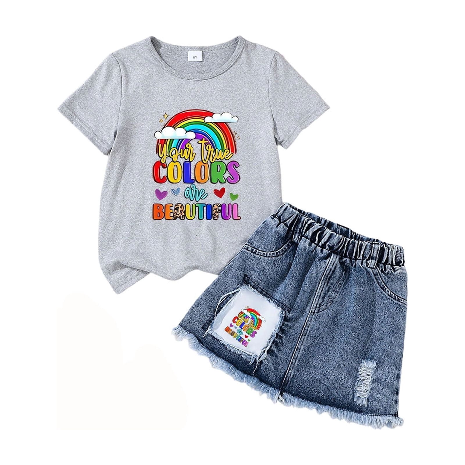 Afdoent Girls 2 Piece Outfits Summer Cute Printed Short Sleeve Top And ...