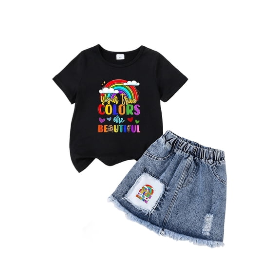 Afdoent Girls 2 Piece Outfits Summer Cute Printed Short Sleeve Top And ...