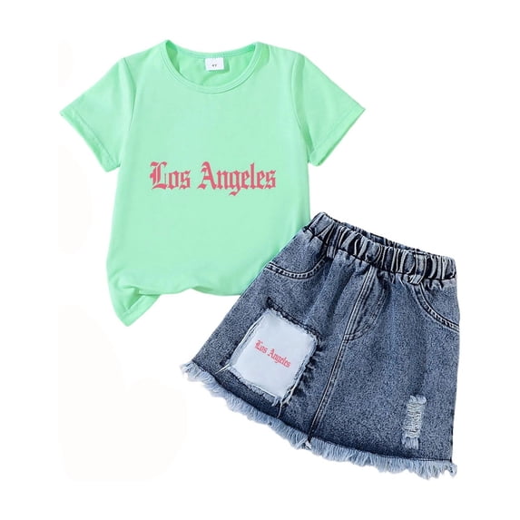 Afdoent Girls 2 Piece Outfits Summer Fashion Printed T Shirt And Denim ...
