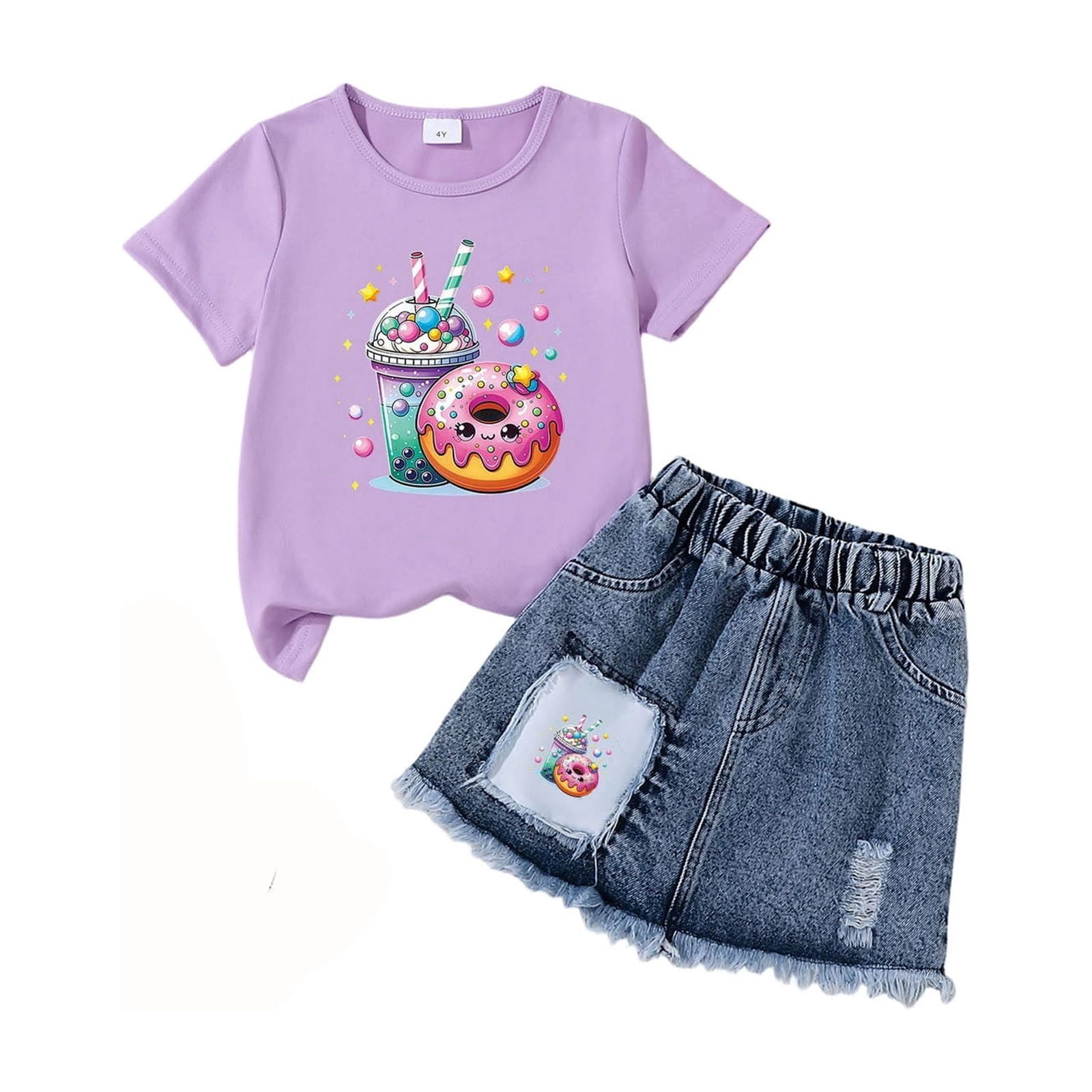 Afdoent Girls 2 Piece Outfits Summer Fashion Printed T Shirt And Denim ...