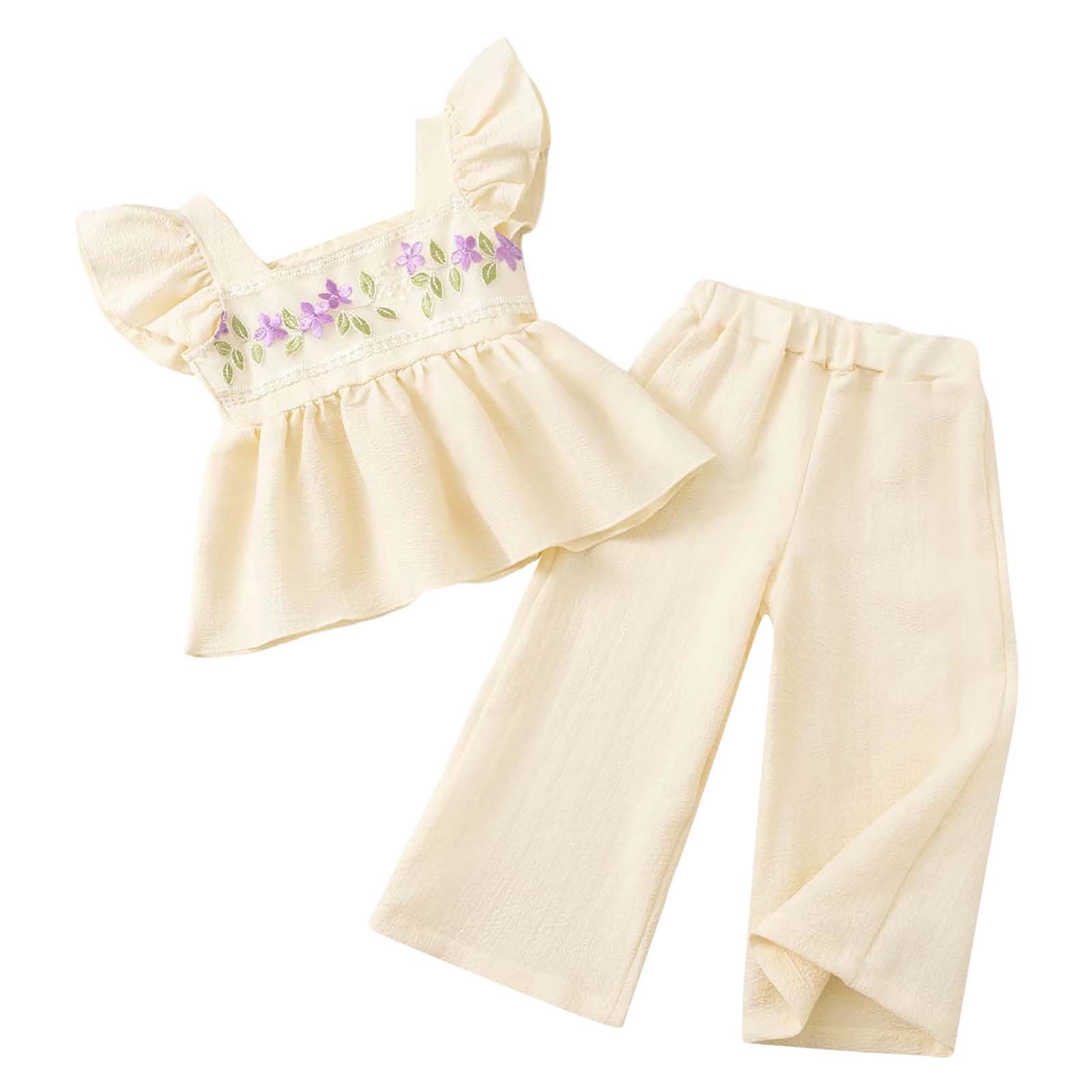 Afdoent Girls 2 Piece Outfits Summer Flutter Sleeve Embroidered Top ...
