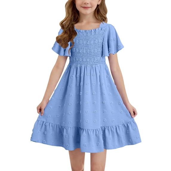 Afdoent Girls Dress Kids Floral Short Sleeve Square Neck Ruffle ...