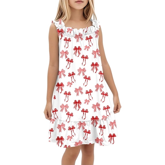 Afdoent Girls Dress Kids Summer Bow Printed Sleeveless Dresses Cute ...