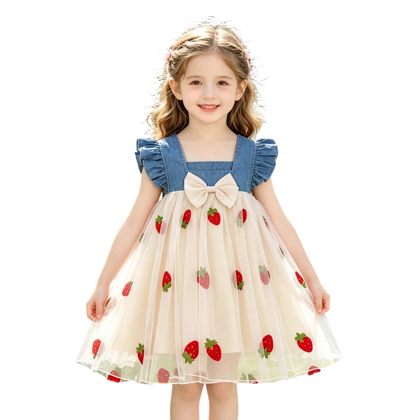Afdoent Girls Dress Kids Summer Dress With Bow Denim Mesh Flutter ...