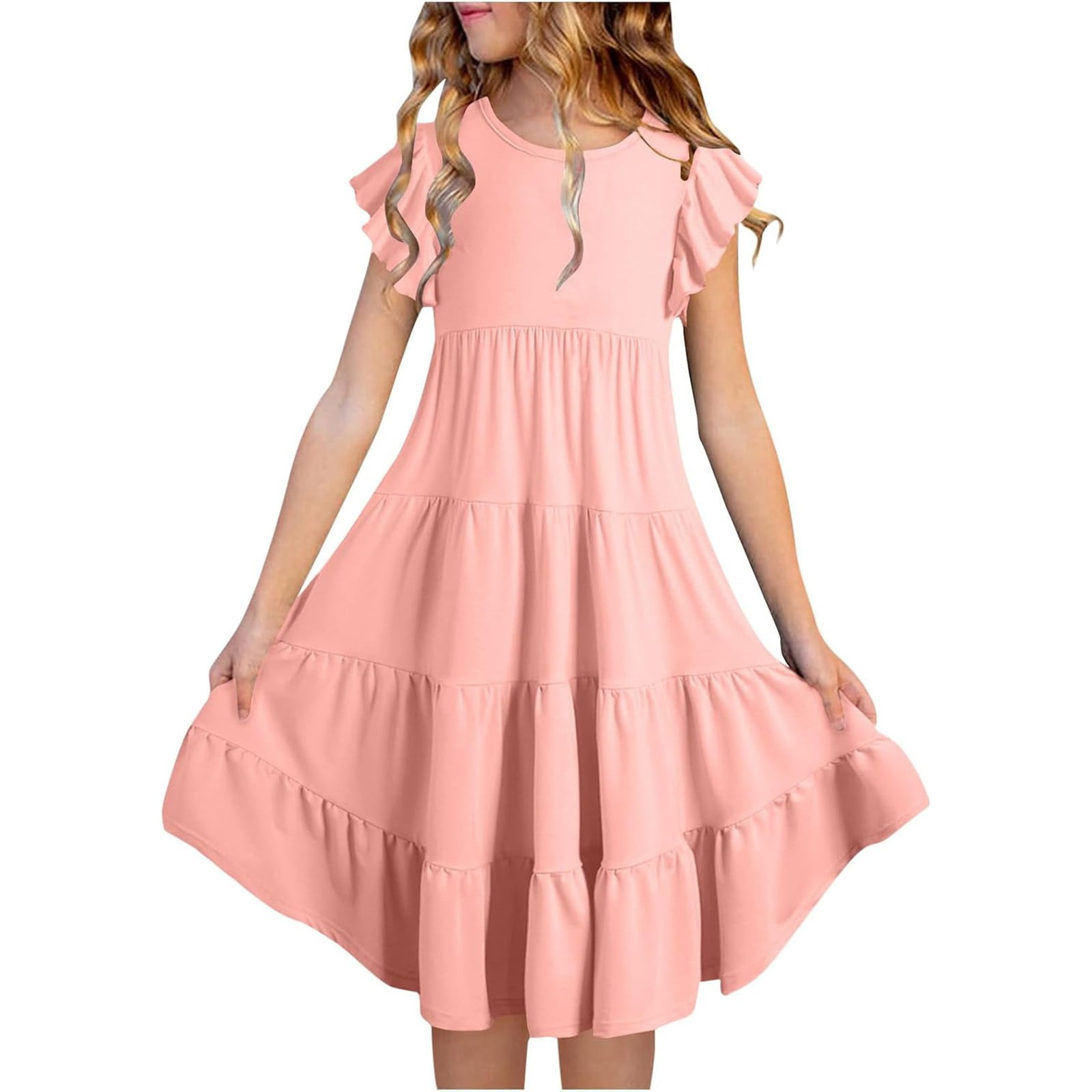 Afdoent Girls Dress Kids Summer Dresses Double Layer Flutter Sleeve ...