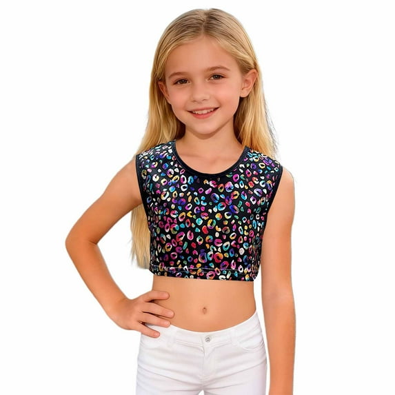 Afdoent Girls Glitter Leopard Printed Top Performance Stagewear Sparkly ...