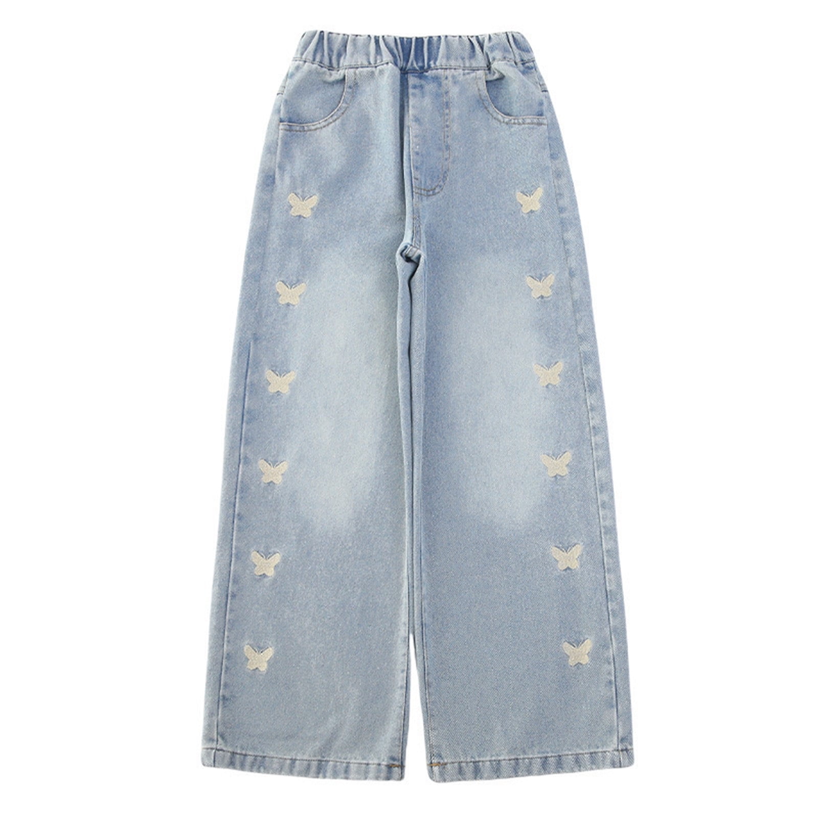 Afdoent Girls Jeans Denim Pants Embroidery Long Trousers Loose Wide Leg ...