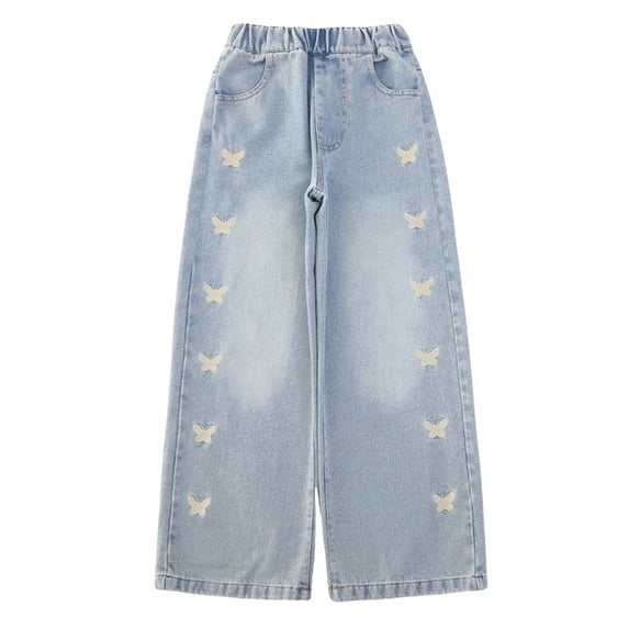 Afdoent Girls Jeans Denim Pants Embroidery Long Trousers Loose Wide Leg ...