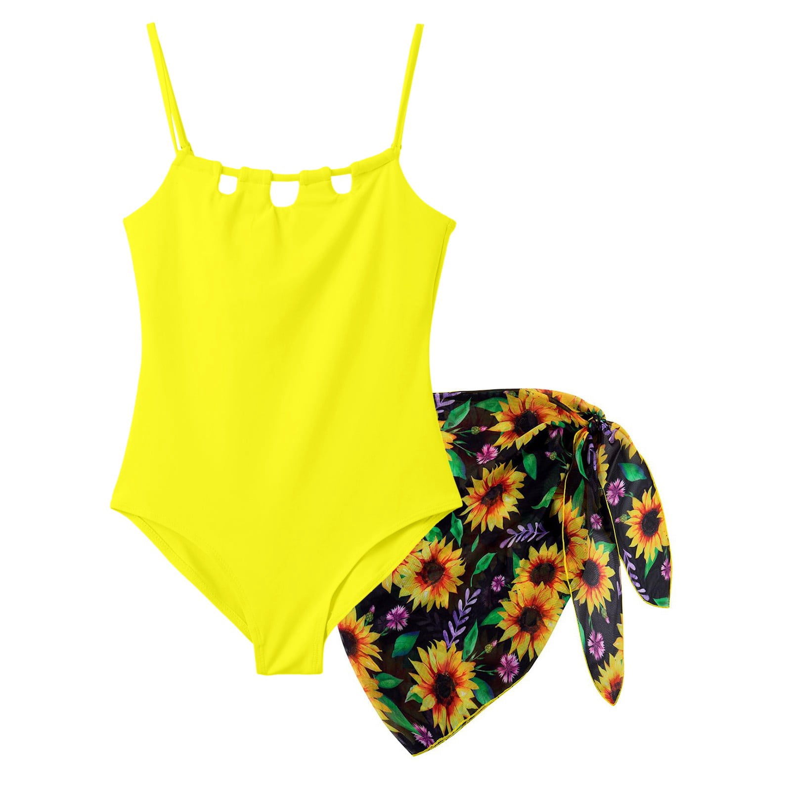 Afdoent Girls One Piece Swimsuits Kids Yellow Tie Strap Hollow Back ...
