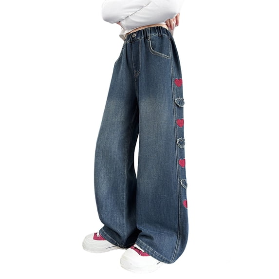Afdoent Girls Pants Casual Side Heart Patch Straight Leg Denim Trousers ...