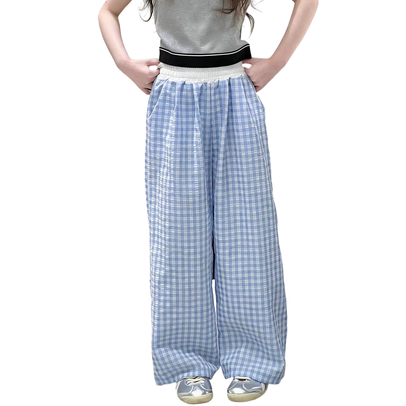 Afdoent Girls Pants Casual Straight Leg Pants Summer Plaid Blend Long ...
